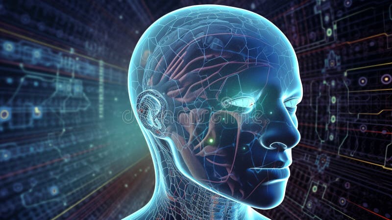 Blue Hologram Human Face: Neural Networks & Machine Learning in Tech ...