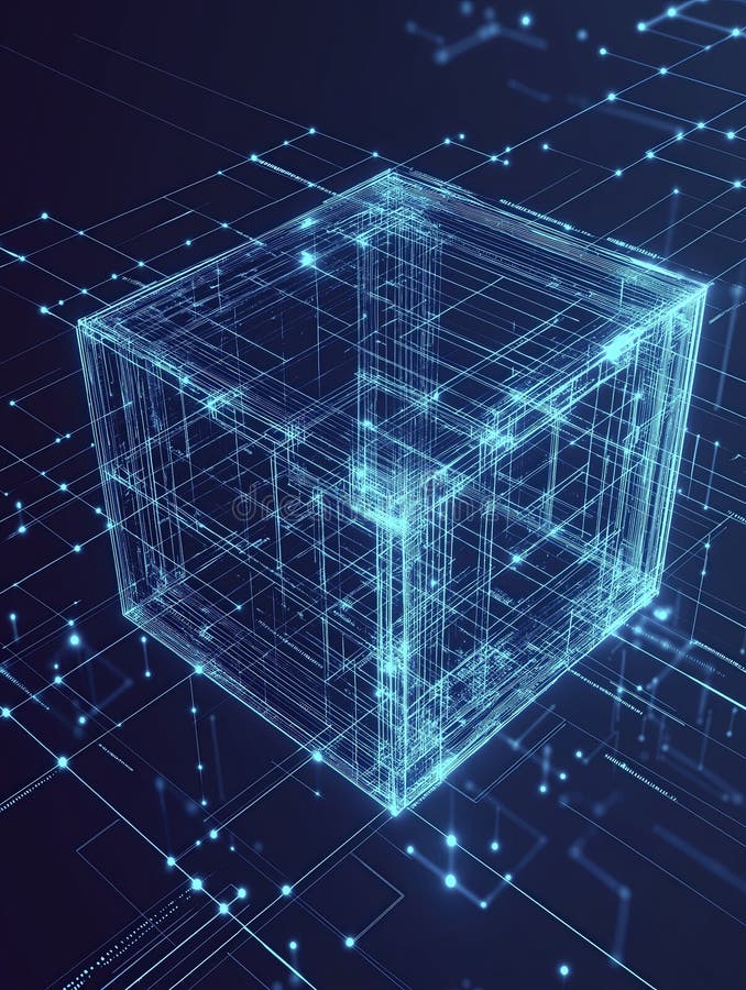 Blue Holographic Cube with Three Dimensional Architectural Design ...