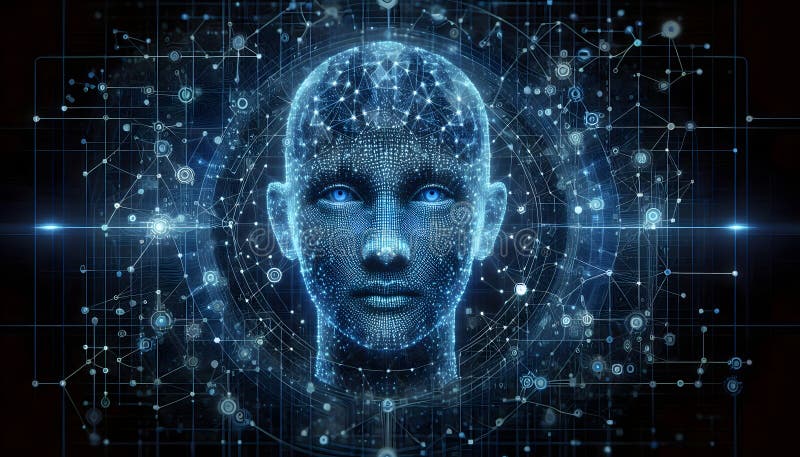 A Blue Holographic Human Face Made Up of Digital Pixels, Surrounded by ...