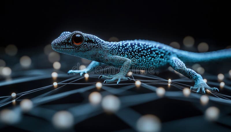 Blue Holographic Lizard Navigating a Digital Grid, Symbolizing ...