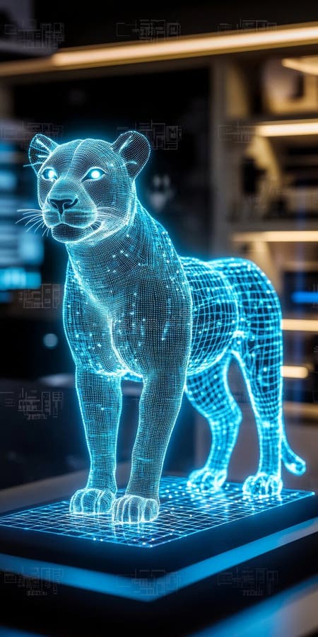 Blue Holographic Projection of a Lion on Platform, Modern Technology ...