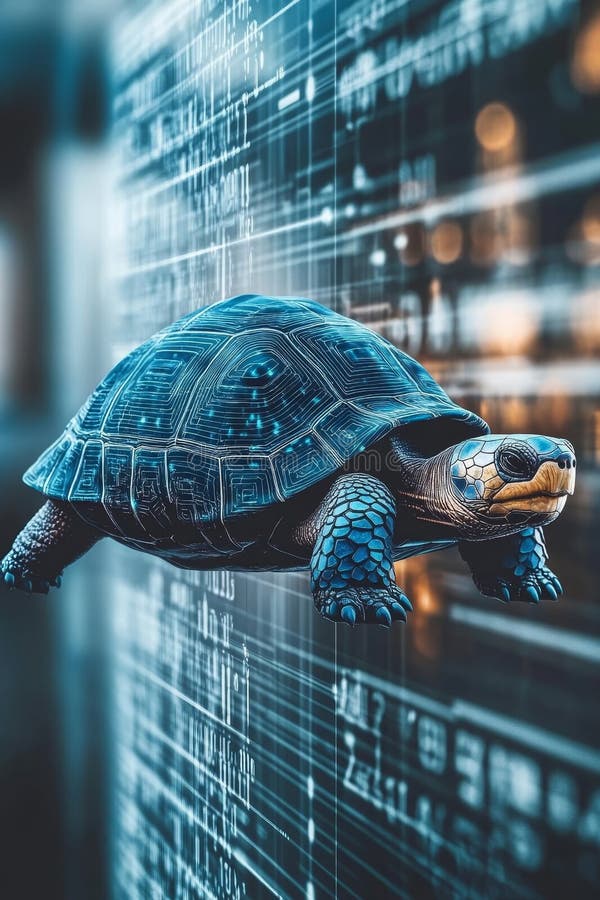 Blue Holographic Tortoise Submerged in Code, Symbolizing Slow, Steady ...