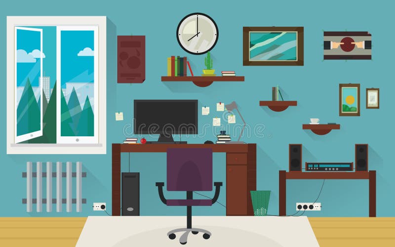 Blue home work room. stock vector. Illustration of home - 50755280