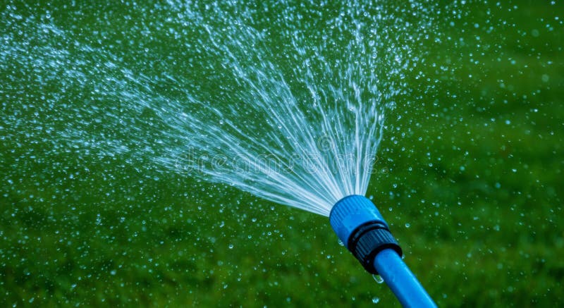 Blue Hose Spraying Water on Green Grass Stock Illustration ...