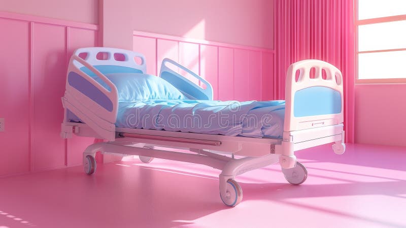 A Blue Hospital Bed Sits in a Pink Room with Natural Light Streaming in ...