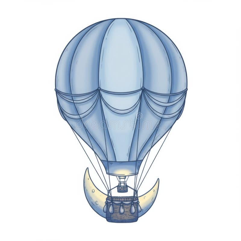 Blue Hot Air Balloon and Crescent Moon Night Flight Illustration Stock ...