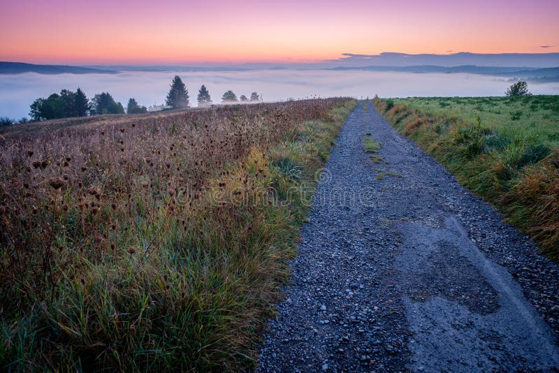 Blue Hour Dawn Landscape with Mist in the Valley Stock Image - Image of ...