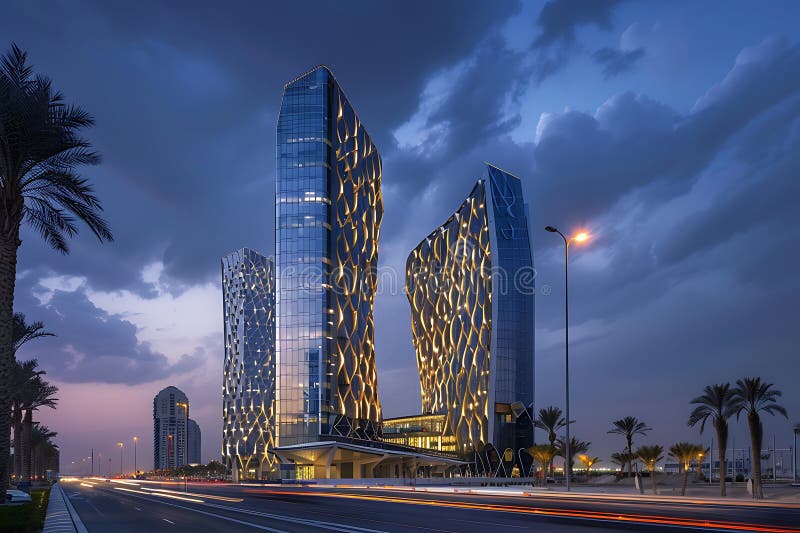 During the Blue Hour, the KAFD Buildings in Riyadh Stock Illustration ...