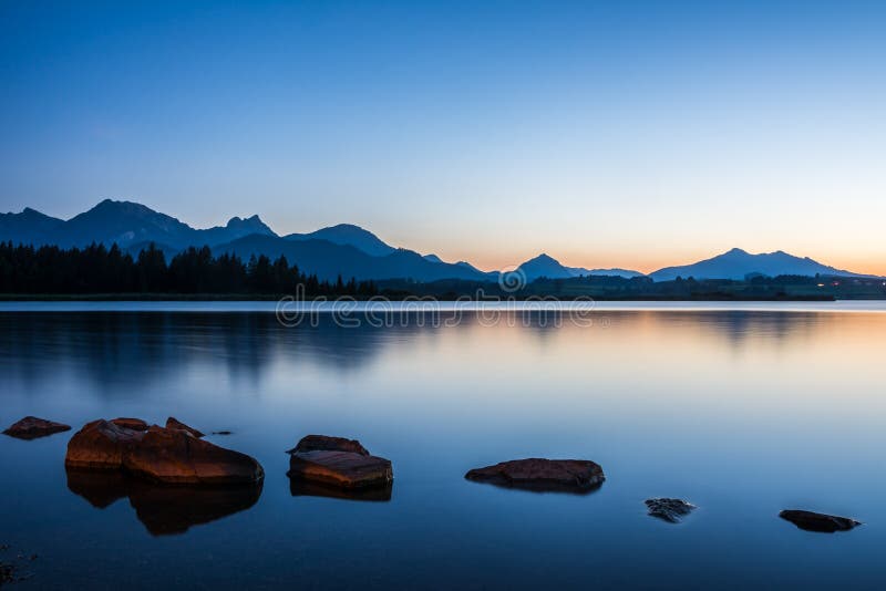Blue Hour at Lake Hopfen stock image. Image of mountain - 59168337