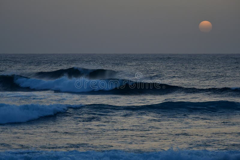 Blue Hour: Ocean Waves and the Moon Stock Image - Image of full, format ...