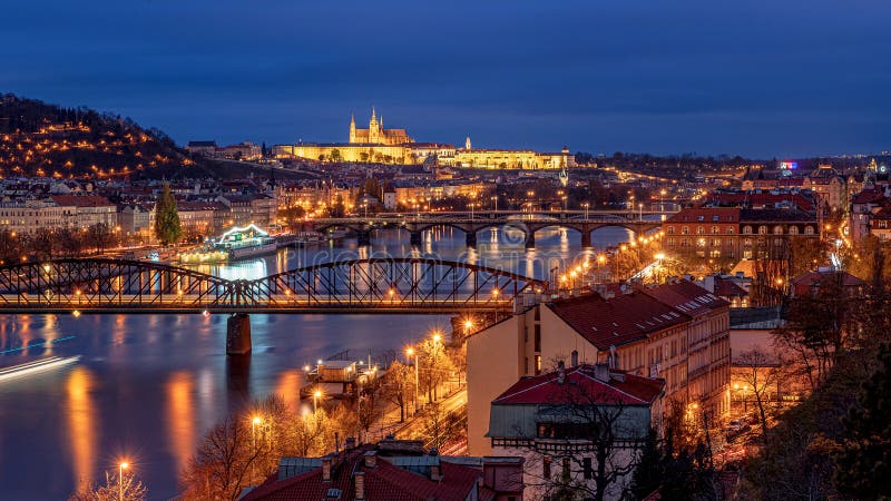Blue hour in Prague City. stock image. Image of town - 242087683