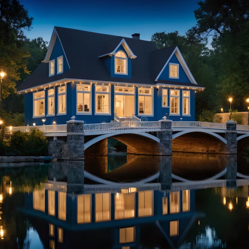 Blue House with Bridge Reflection at Night. Stock Illustration ...