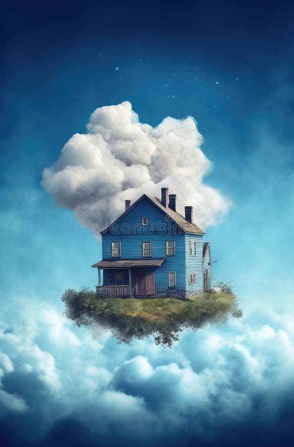 Blue House Floating Amidst Clouds Under a Starry Sky. Generative AI ...