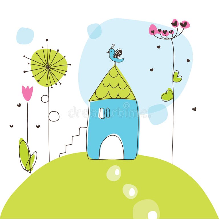 Blue House on the Hill - Drawing Stock Vector - Illustration of flower ...