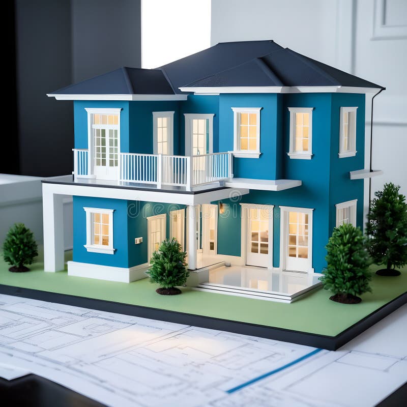 Blue House Model on Architectural Plans. Stock Illustration ...