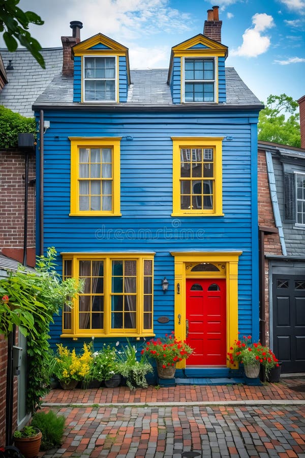 A Blue House with a Red Door and Yellow Windows. Generative AI Stock ...