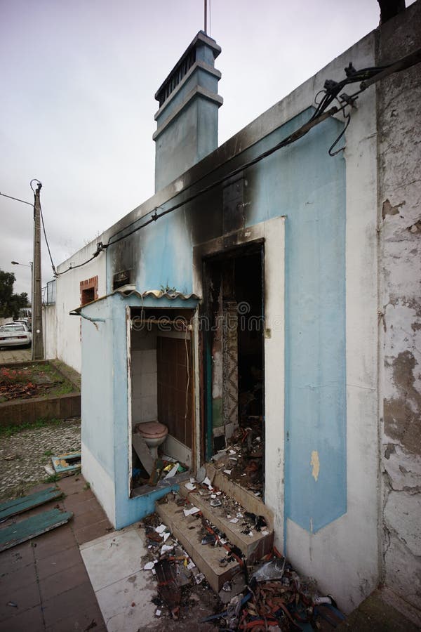 Blue House in Ruins Destroyed by Fire Stock Photo - Image of destroyed ...