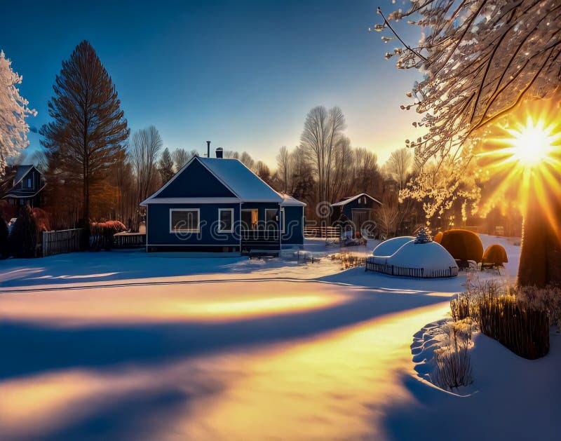 A Blue House with the Sun Shining on the Snow. Landscaping Stock ...