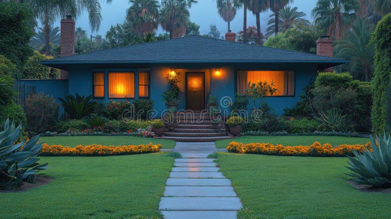Blue House with Warm Lighting at Dusk Stock Image - Image of lighting ...