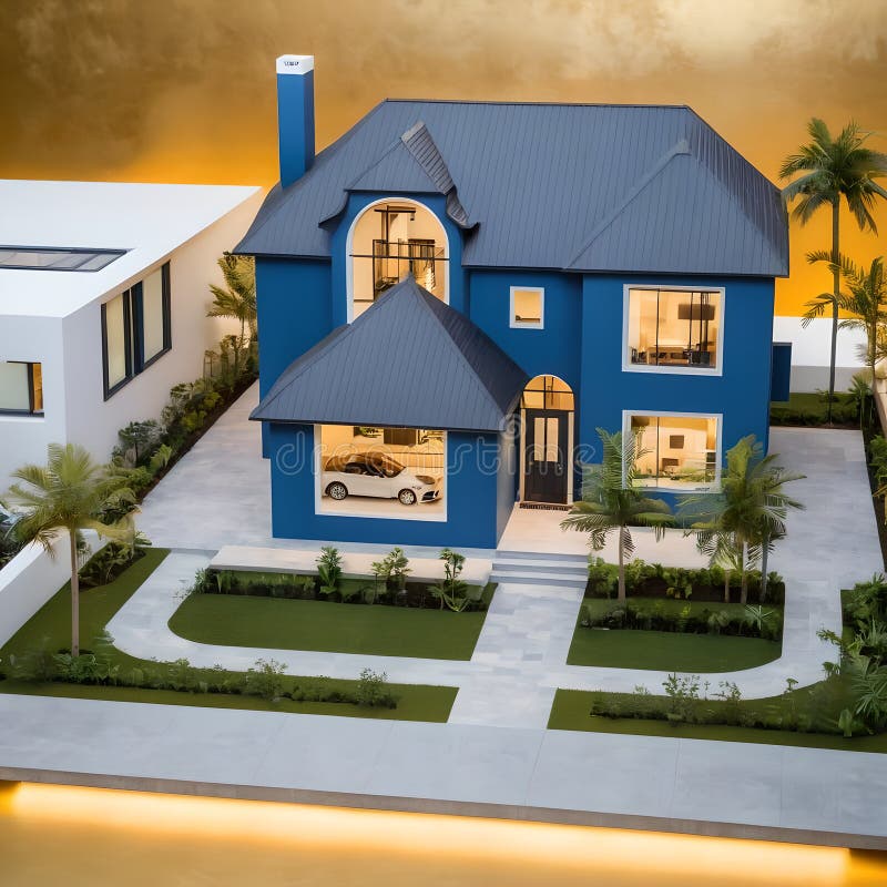 Blue House with White Car and Green Lawn. Stock Illustration ...