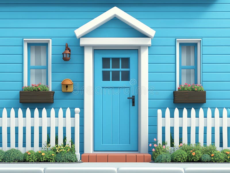 Blue House with White Picket Fence and Door Stock Photo - Image of ...