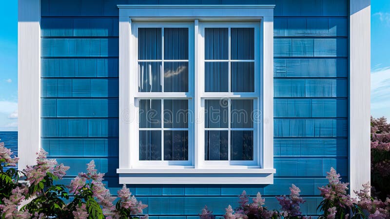 A Blue House with White Trim and Windows Stock Photo - Image of windows ...