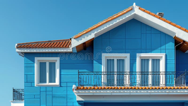 Blue House with White Windows and Balcony Stock Image - Image of estate ...