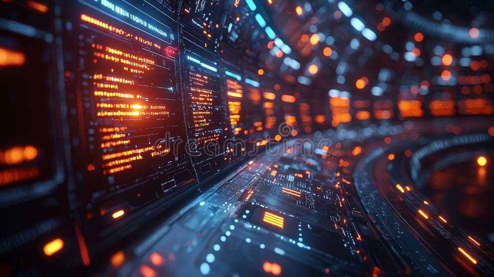 Blue HUD Interface 3D Illustration with Abstract Digital Code. it Has a Glitch Background with a ...