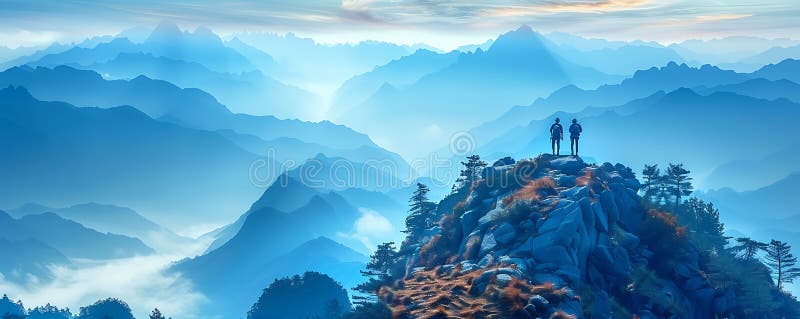 Blue-hued Landscape Showcases a Dramatic Mountain Range Under a Soft ...