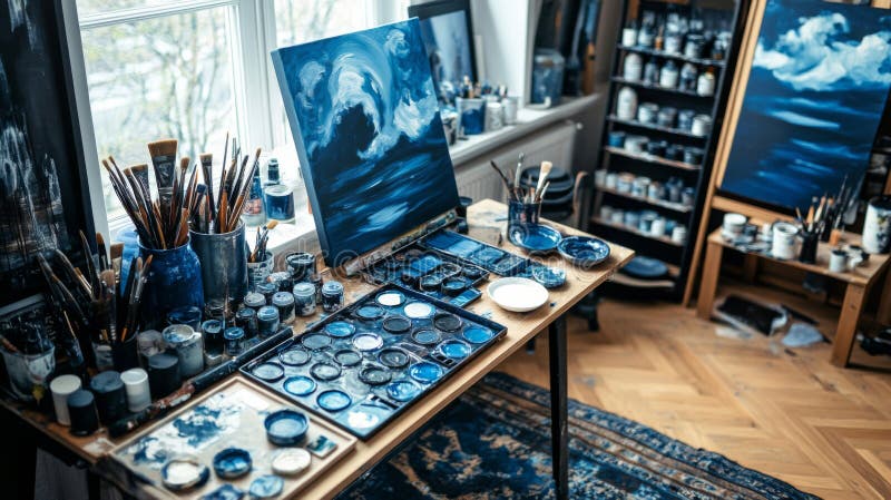 Blue Hues Artist Studio: Paint Brushes and Canvas Stock Illustration ...