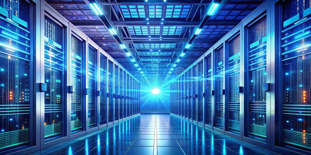 Blue Hues of a Data Center Server Room Interior with Gridded Ceiling ...