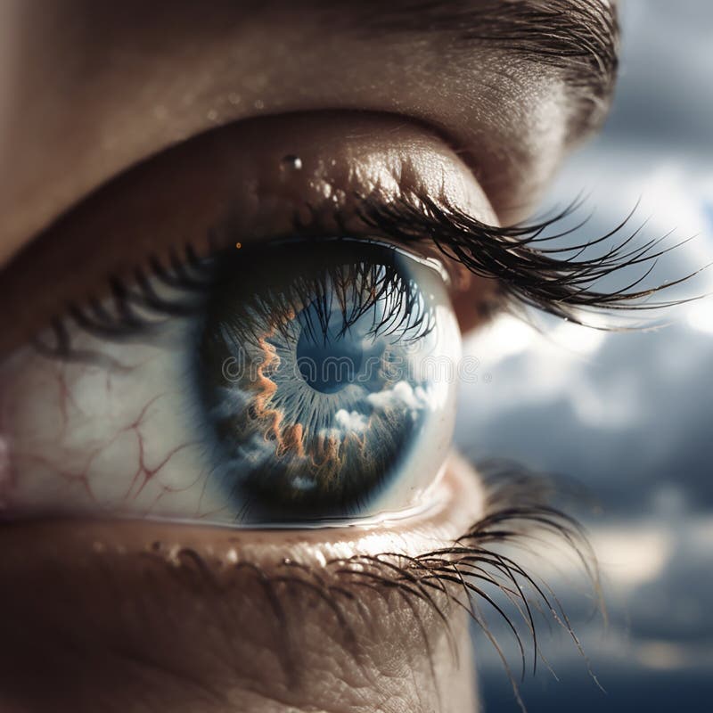 Blue Human Eye Close-up, the Sky and Clouds are Reflected Stock ...