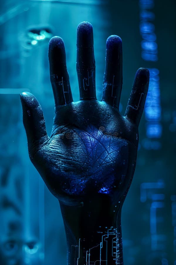 Blue Human Hand with Traces of Cybernetic Patterns on a Blue Background ...