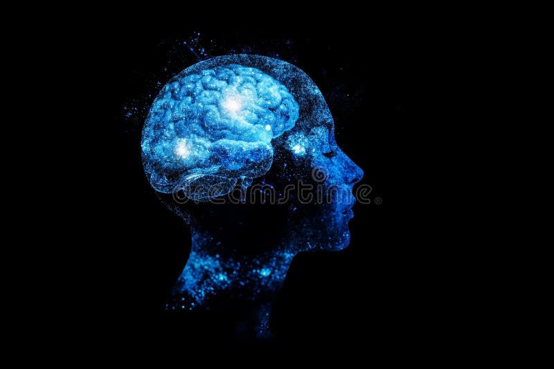 Blue Human Head and Braine Side View on Dark Background. Stock ...