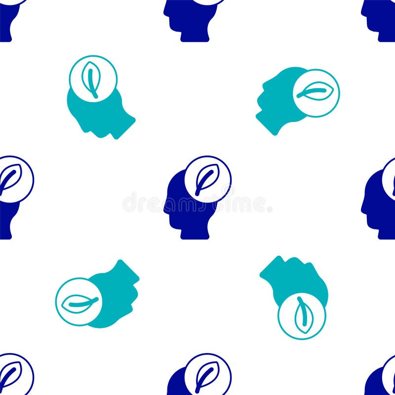 Blue Human Head with Leaf Inside Icon Isolated Seamless Pattern on ...