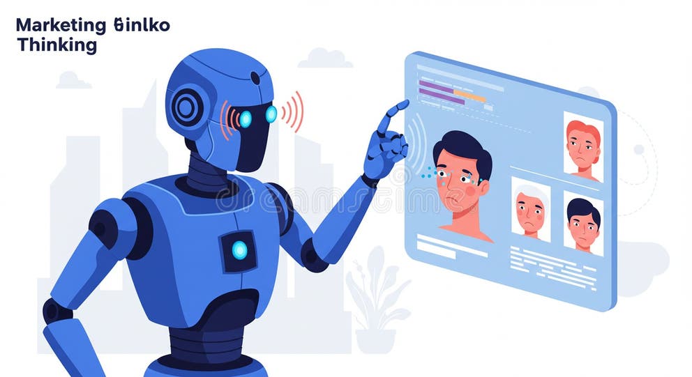 A Blue Humanoid Robot Interacts with a Digital Interface Displaying Human Faces and Stock ...