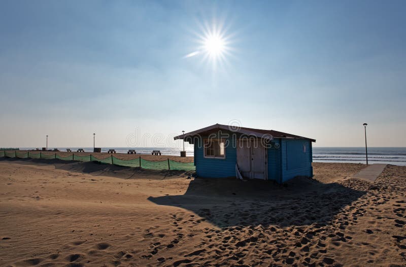 Blue hut in Hourtin beach stock photo. Image of outdoor - 111314484