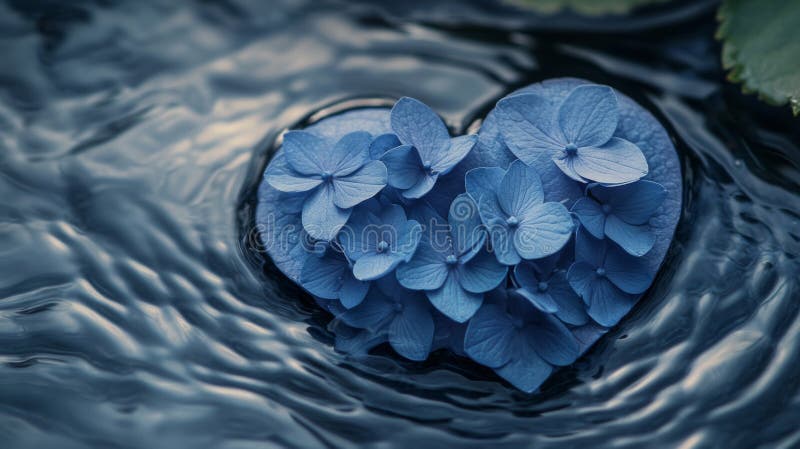 Blue Hydrangea Blooms Arranged in a Heart Shape on Water Stock ...