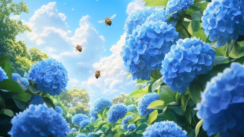 Blue Hydrangea Blooms with Bees Flying in a Sunny Summer Sky Stock ...