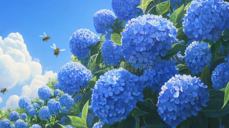 Blue Hydrangea Bush with Bees Flying in a Sunny Sky Stock Illustration ...