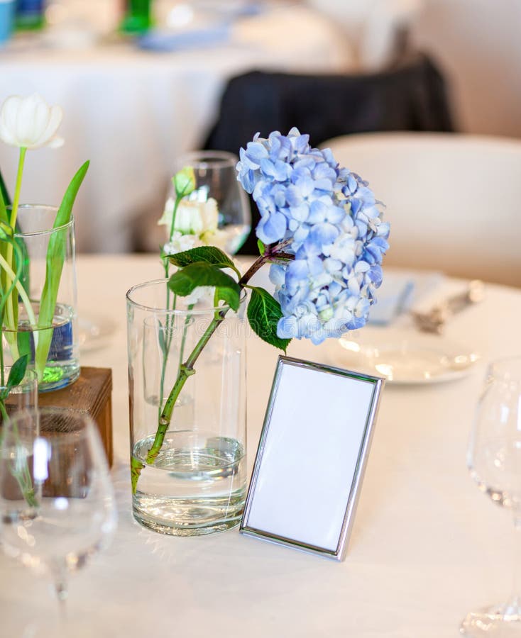 Blue Hydrangea Centerpiece Illuminating Wedding Reception Table Stock ...