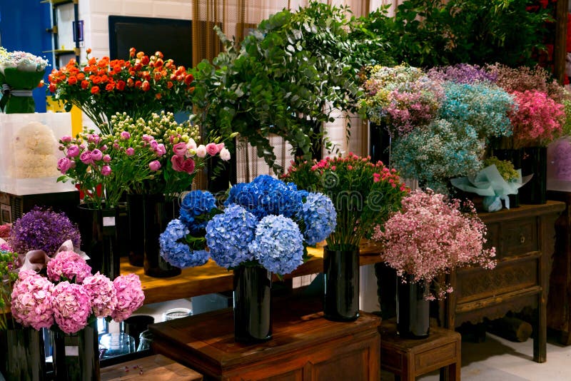 Blue Hydrangea Flower Bouquet in the Flower Shop Stock Image - Image of ...