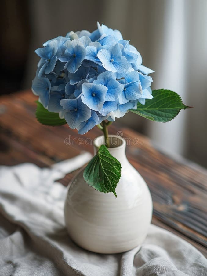 Blue Hydrangea Flower in a White Ceramic Vase on a Rustic Table. Stock ...