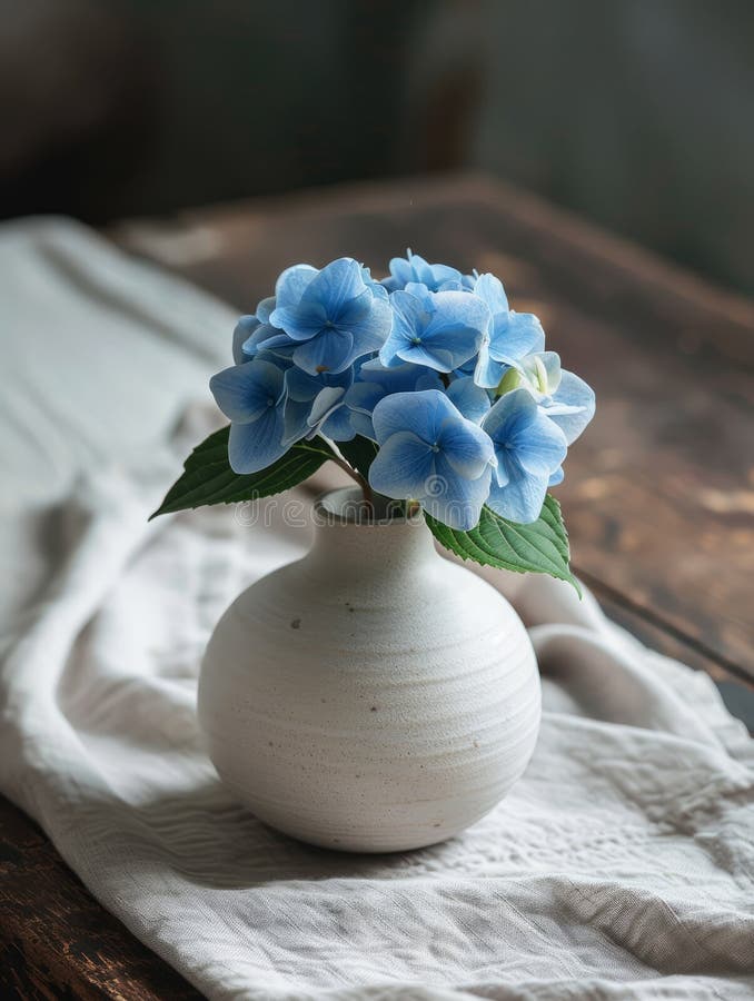 Blue Hydrangea Flowers in a White Vase on a Wooden Table. Stock Image ...