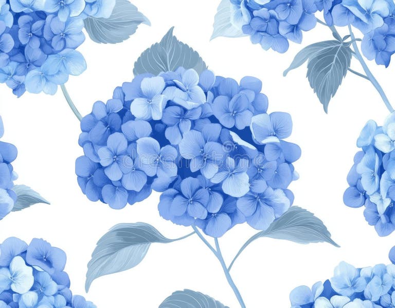 A Blue Hydrangea Pattern in a Hand-drawn Style, Featuring Stylized ...