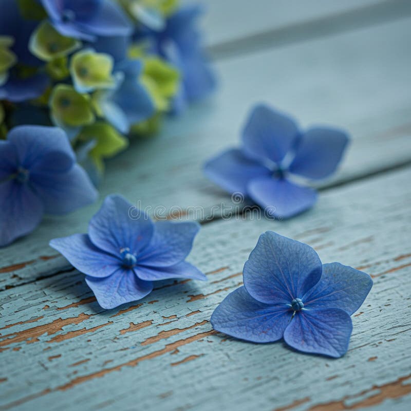 Blue Hydrangea Petals (Hydrangea Macrophylla) Lay Scattered on a ...