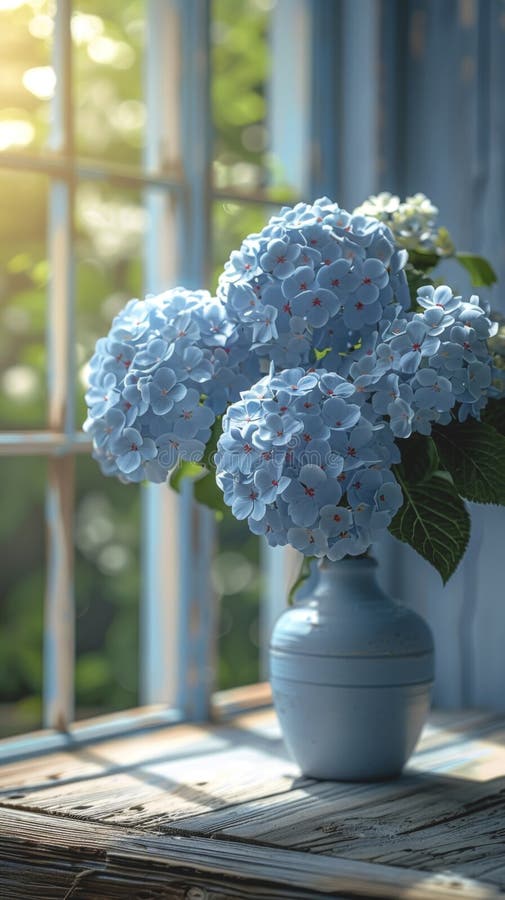 Blue Hydrangea in a Vase on a Wooden Windowsill. Stock Image - Image of ...