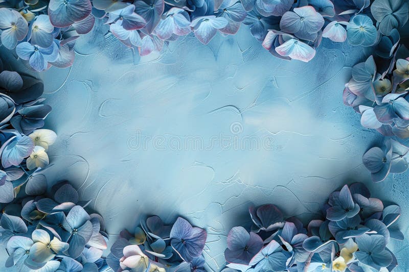 Blue Hydrangeas Flowers Border Frame on Light Painted Background Top ...