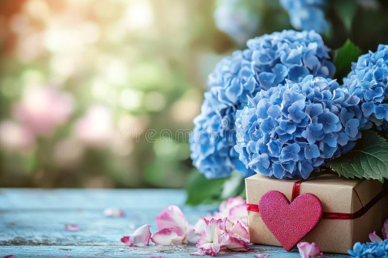 Blue Hydrangeas in Gift Box with Heart Create Romantic Atmosphere ...