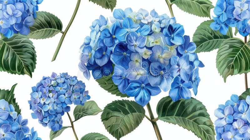 Blue Hydrangeas with Green Leaves Against a White Background in a ...